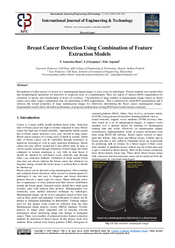 Pdf Breast Cancer Detection Using Combination Of Feature Extraction Models Dr Suneetha Rani