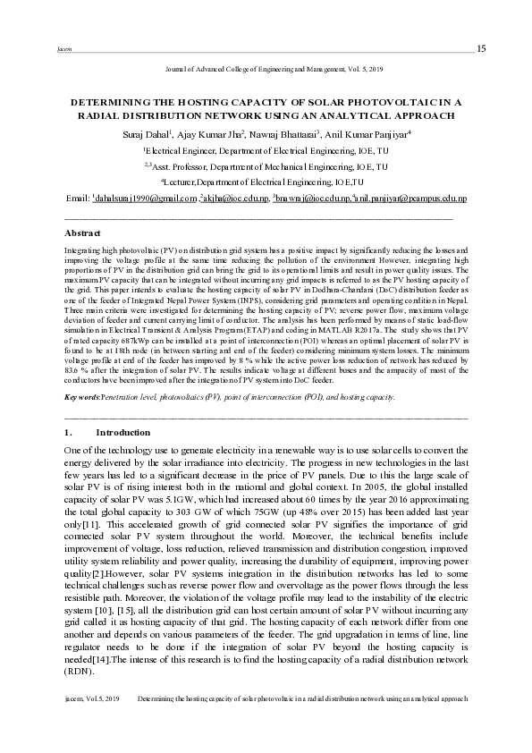 Determining the Hosting Capacity of Solar Photovoltaic in a Radial ...