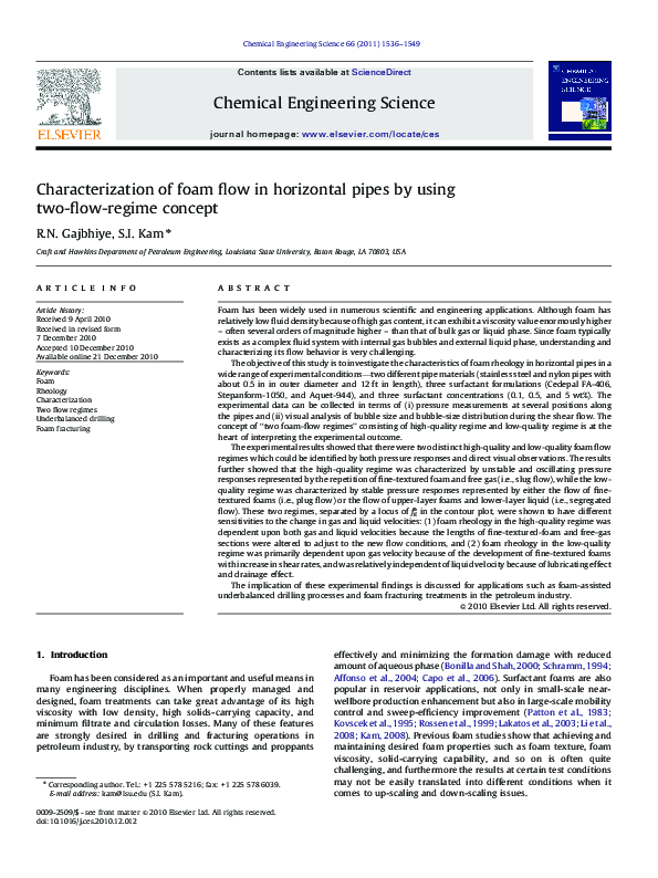 (PDF) Characterization of foam flow in horizontal pipes by using two ...