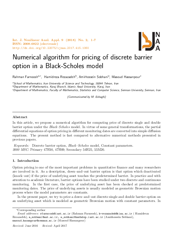 Pdf Numerical Algorithm For Discrete Barrier Option Pricing In A Black Scholes Model With 