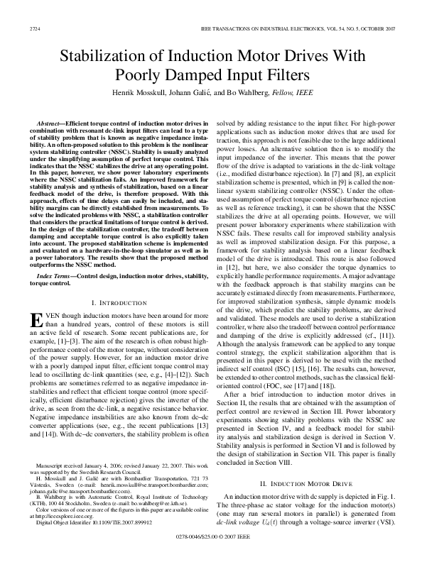 (PDF) Stabilization of Induction Motor Drives With Poorly Damped Input ...