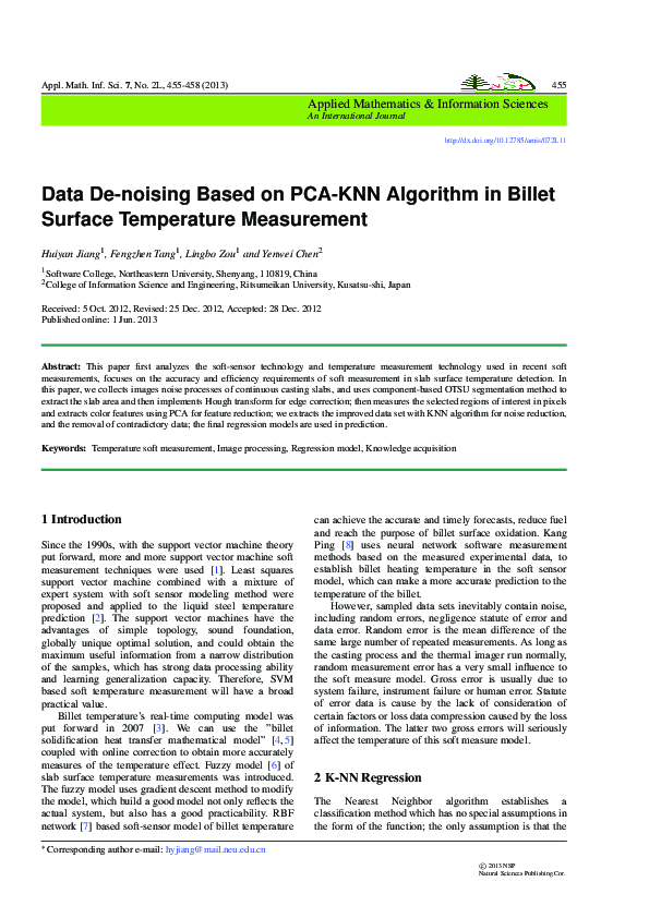 Pdf Data De Noising Based On Pca Knn Algorithm In Billet Surface Temperature Measurement