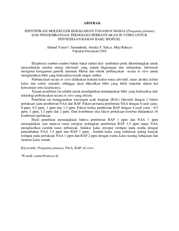 (PDF) IDENTIFIKASI MOLEKULER KERAGAMAN TANAMAN MABAI (Pongamia pinnata ...