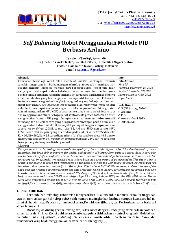 (PDF) Self Balancing Robot Menggunakan Metode PID Berbasis Arduino (PDF) Self Balancing Robot Menggunakan Metode PID Berbasis Arduino