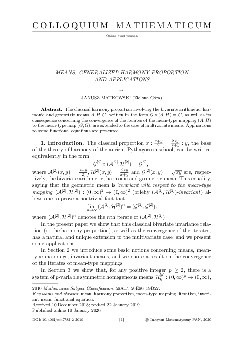 (PDF) Means, generalized harmony proportion and applications