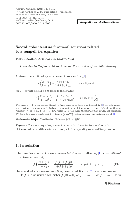 (PDF) Second order iterative functional equations related to a competition equation