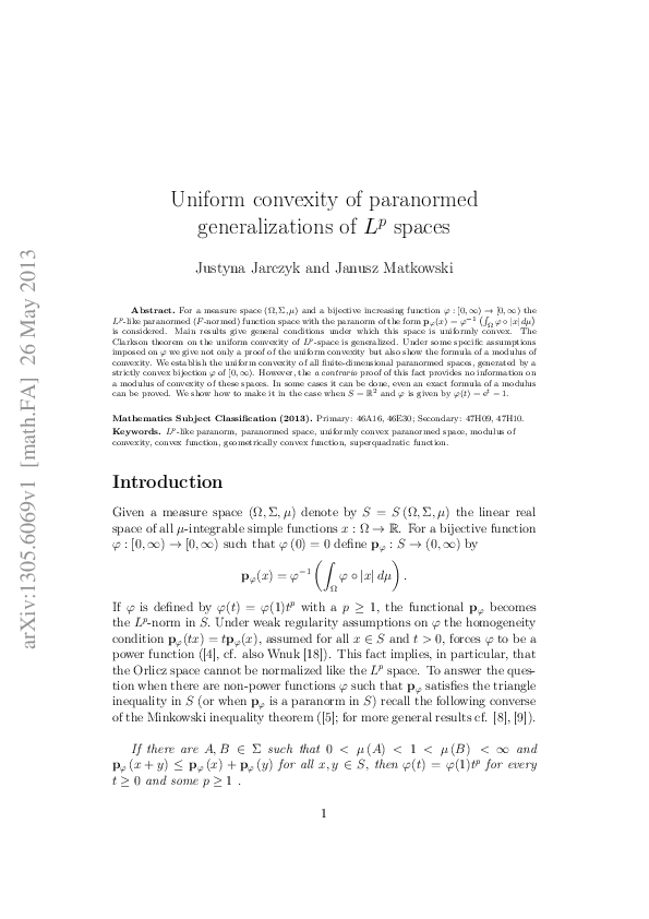 (PDF) Uniform convexity of paranormed generalizations of $ L^ p $ spaces | Janusz Matkowski ...
