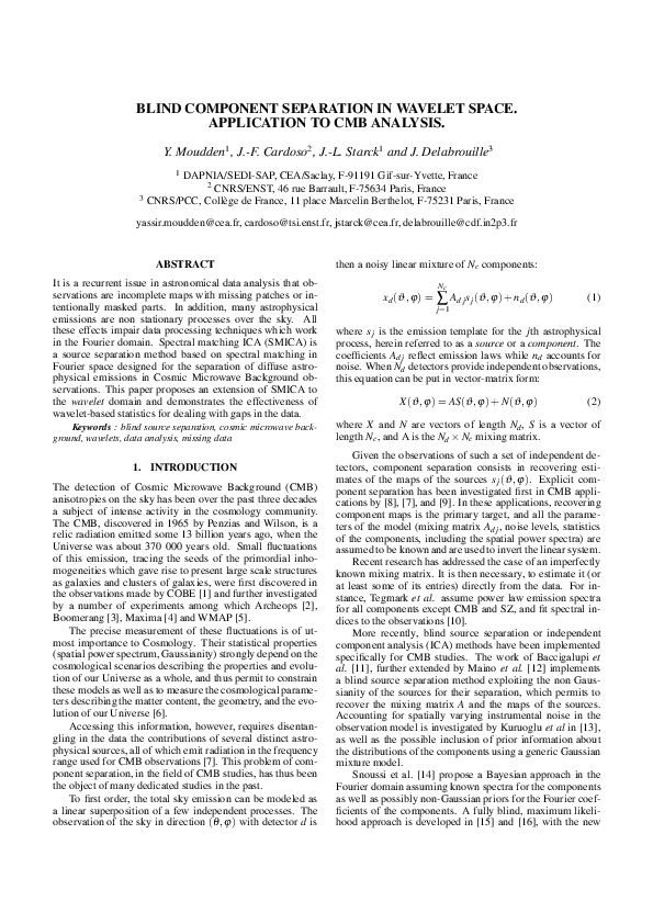 (PDF) Blind Component Separation in Wavelet Space: Application to CMB Analysis