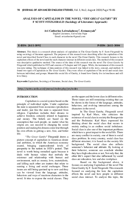 (PDF) ANALYSIS OF CAPITALISM IN THE NOVEL “THE GREAT GATSBY” BY F SCOTT ...