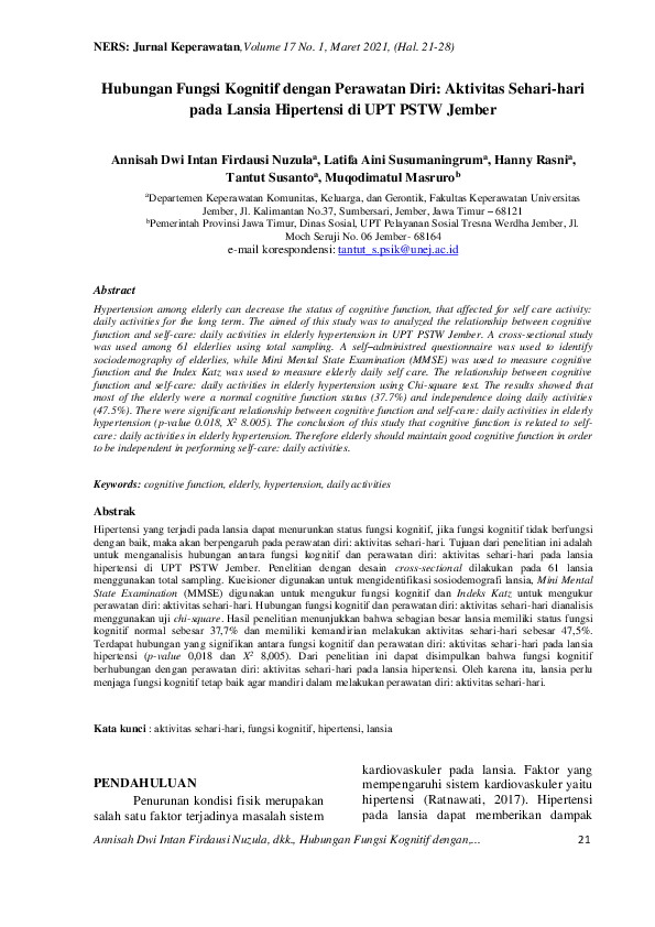 (PDF) Hubungan Fungsi Kognitif dengan Perawatan Diri: Aktivitas Sehari-hari pada Lansia ...