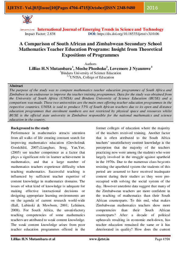 (PDF) A Comparison of South African and Zimbabwean Secondary School Mathematics Teacher ...