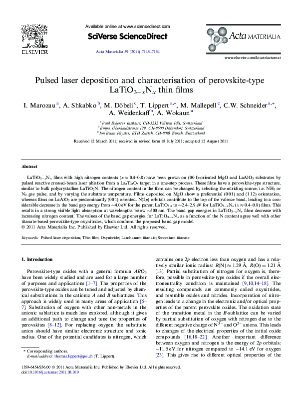 (PDF) Pulsed laser deposition and characterisation of perovskite-type LaTiO3−xNx thin films
