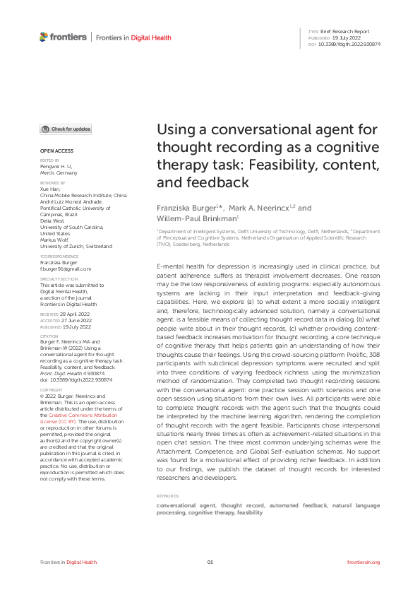 (PDF) Using a conversational agent for thought recording as a cognitive therapy task ...