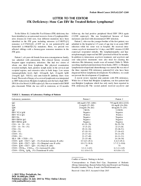 (PDF) ITK Deficiency: How can EBV be Treated Before Lymphoma?