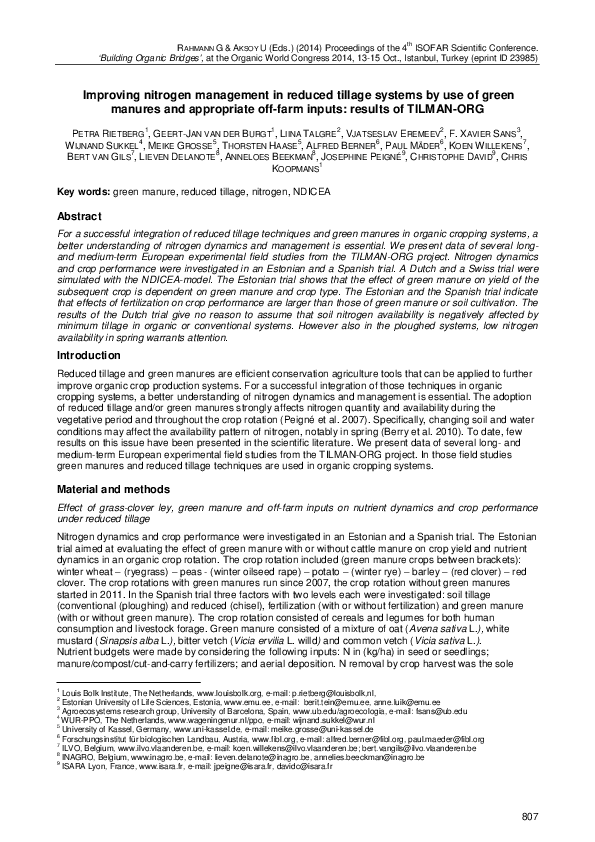 (PDF) Improving Nitrogen Management in Reduced Tillage Systems by Use of Green Manures and ...