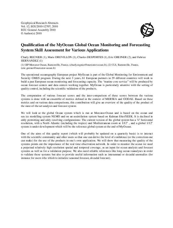 Pdf Qualification Of The Myocean Global Ocean Monitoring And Forecasting System Skill