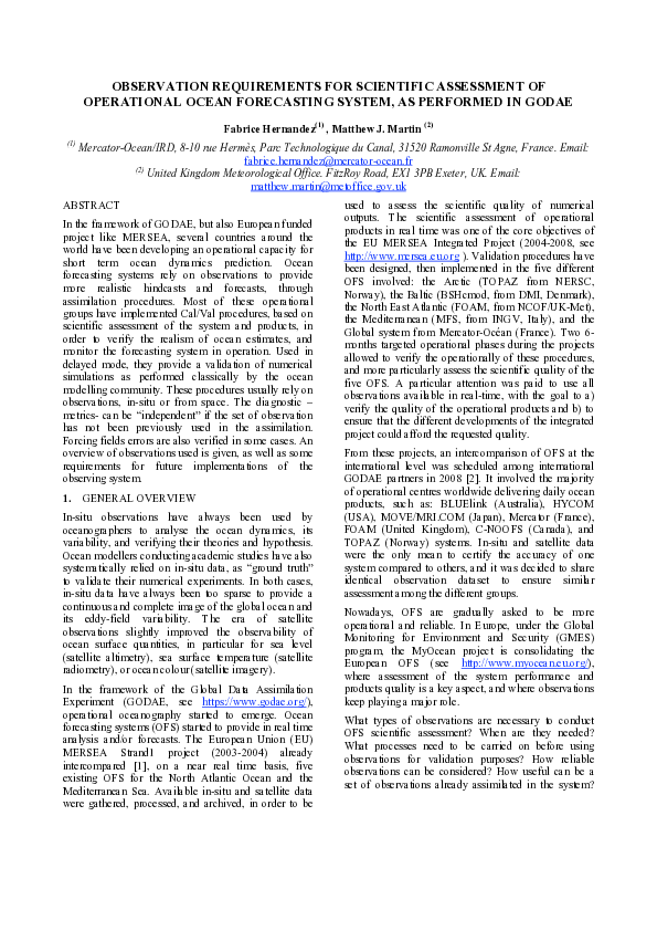 Pdf Observation Requirements For Scientific Assessment Of Operational Ocean Forecasting System