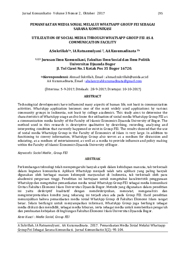 (PDF) Pemanfaatan Media Sosial Melalui Whatsapp Group Fei Sebagai Sarana Komunikasi