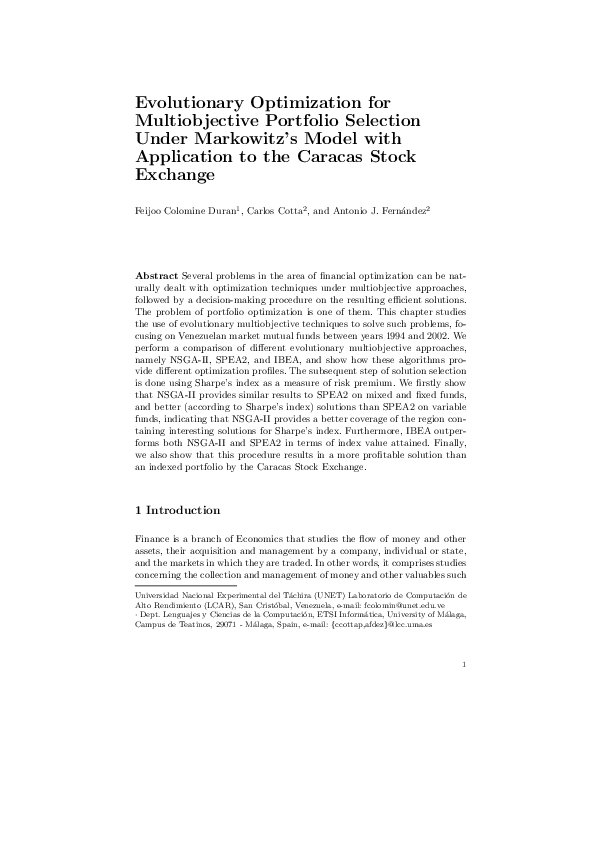 (PDF) Evolutionary optimization for multiobjective portfolio selection under Markowitz's model ...