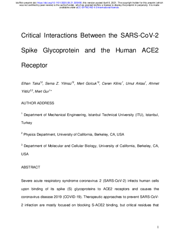 (PDF) Critical Interactions Between the SARS-CoV-2 Spike Glycoprotein ...