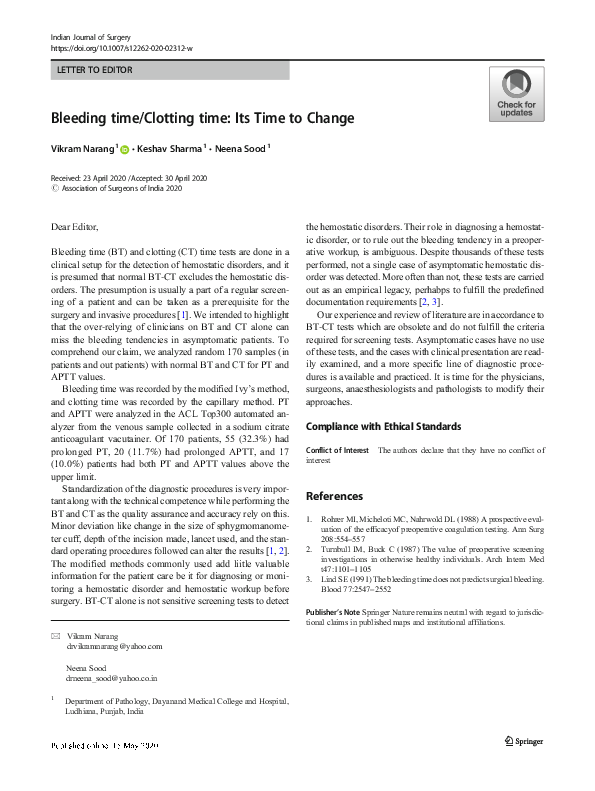 (PDF) Bleeding time/Clotting time: Its Time to Change