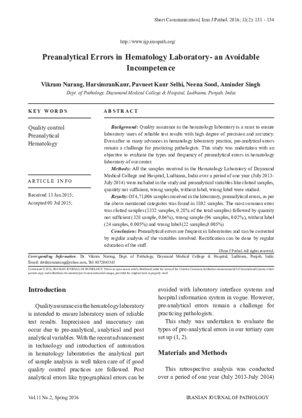 (PDF) Preanalytical Errors in Hematology Laboratory- an Avoidable Incompetence