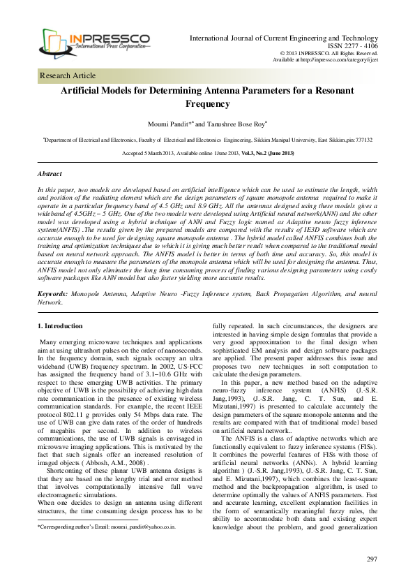 Pdf Artificial Models For Determining Antenna Parameters For A Resonant Frequency