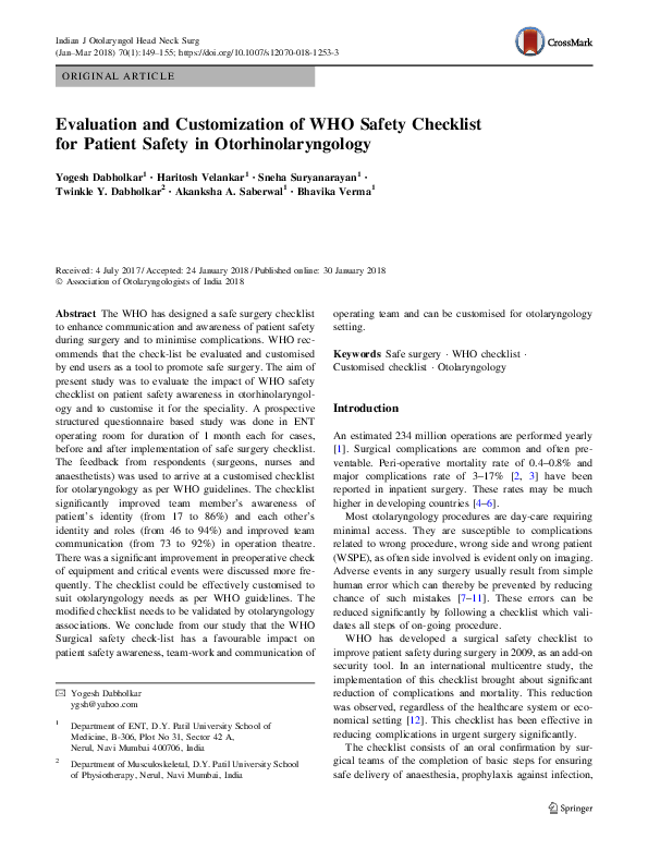 (PDF) Evaluation and Customization of WHO Safety Checklist for Patient ...