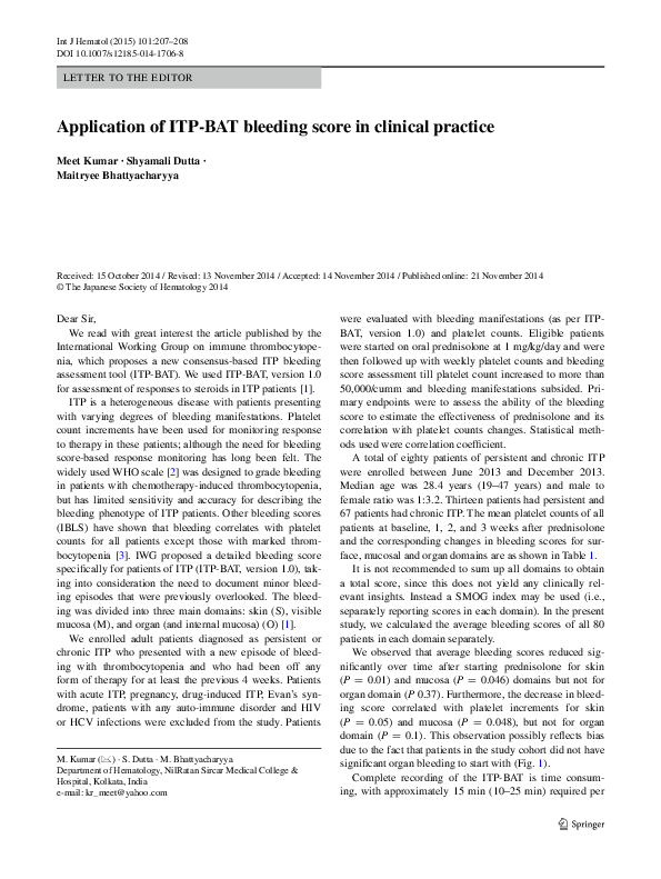 (PDF) Application of ITP-BAT bleeding score in clinical practice