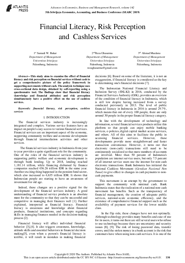 (PDF) Financial Literacy, Risk Perception and Cashless Services