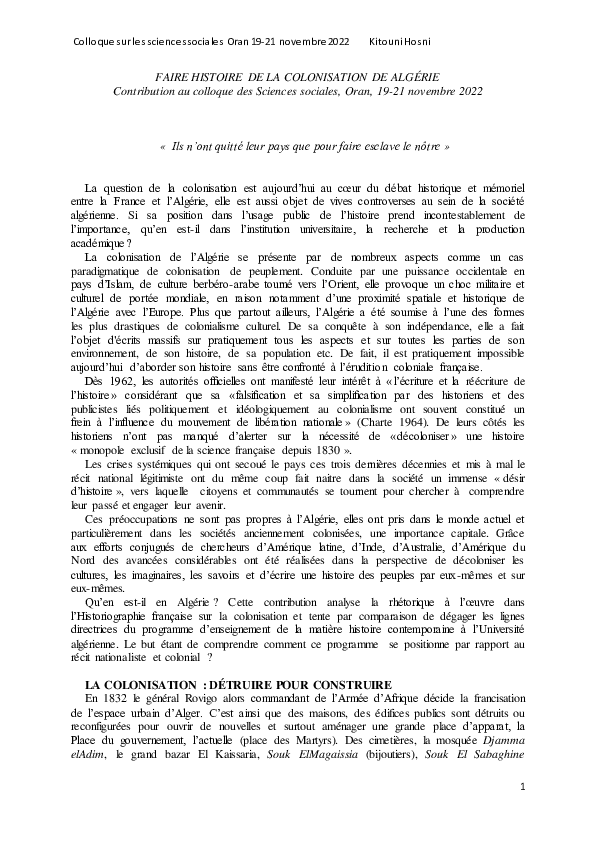 (PDF) FAIRE HISTOIRE DE LA COLONISATION DE L'ALGERIE