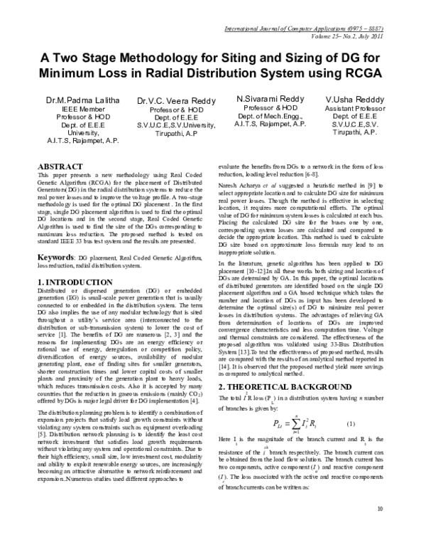 Pdf A Two Stage Methodology For Siting And Sizing Of Dg For Minimum Loss In Radial