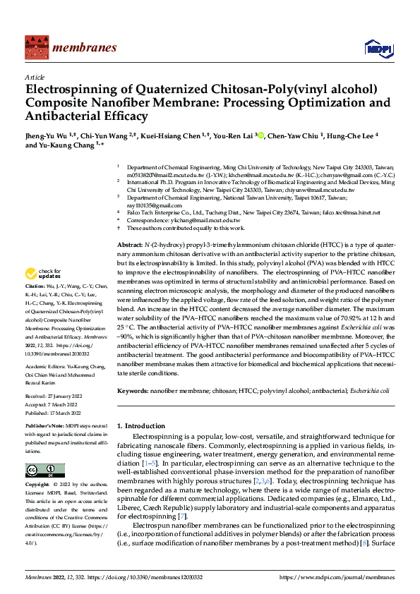 (PDF) Electrospinning of Quaternized Chitosan-Poly(vinyl alcohol) Composite Nanofiber Membrane ...
