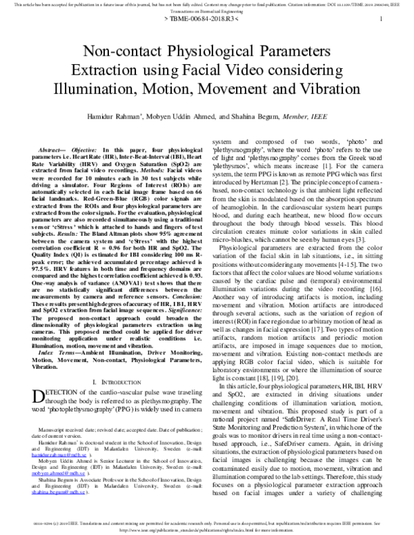 (PDF) Non-contact Physiological Parameters Extraction Using Camera