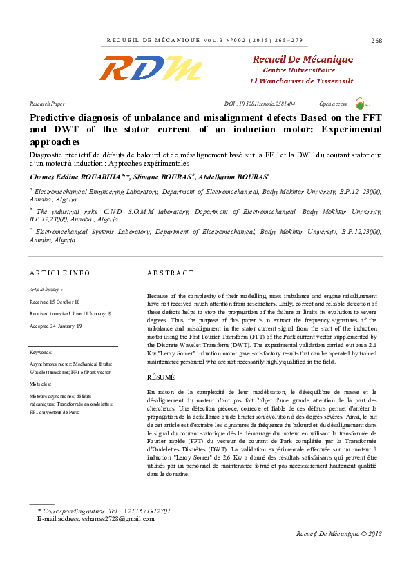 (PDF) Predictive diagnosis of unbalance and misalignment defects Based on the FFT and DWT of the ...
