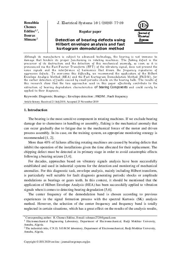 (PDF) Detection of bearing defects using Hilbert envelope analysis and ...
