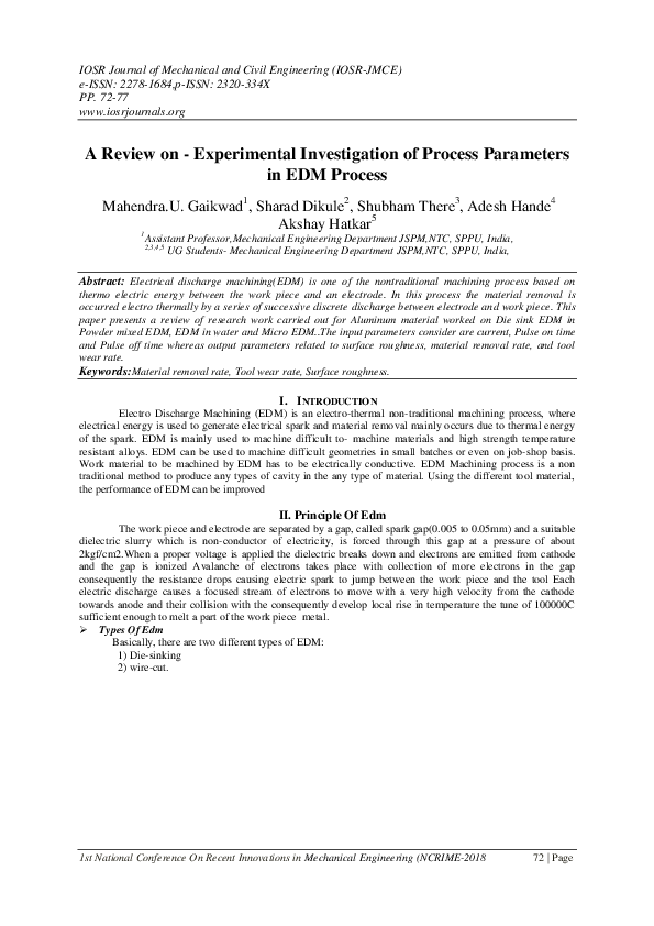 (PDF) A Review on-Experimental Investigation of Process Parameters in EDM Process