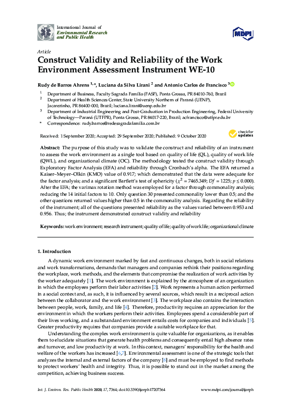 (PDF) Construct Validity and Reliability of the Work Environment Assessment Instrument WE-10