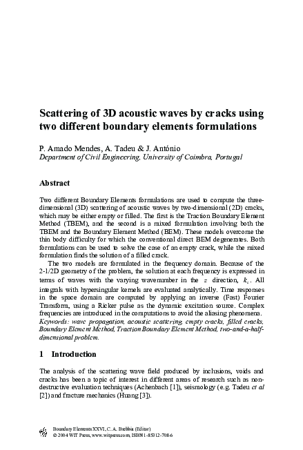 (PDF) Scattering Of 3D Acoustic Waves By Cracks UsingTwo Different Boundary Elements Formulations