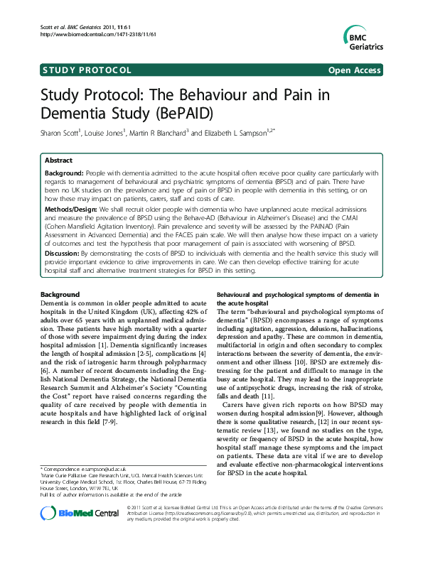 (PDF) Study Protocol: The Behaviour and Pain in Dementia Study (BePAID)