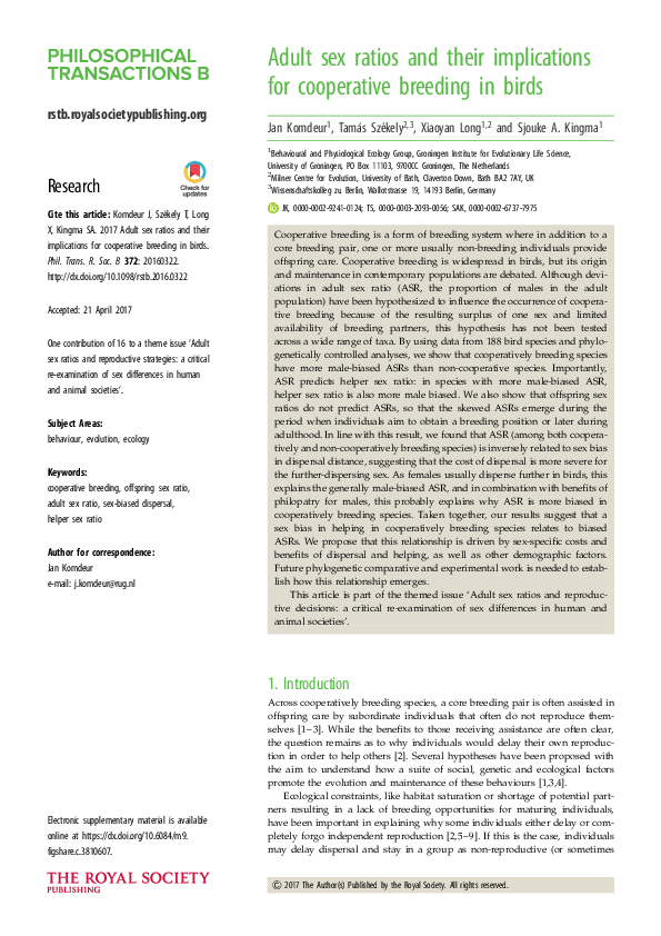 Pdf Adult Sex Ratios And Their Implications For Cooperative Breeding In Birds Xiaoyan Long