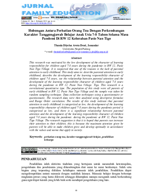 (PDF) Hubungan Antara Perhatian Orang Tua Dengan Perkembangan Karakter Tanggungjawab Belajar ...
