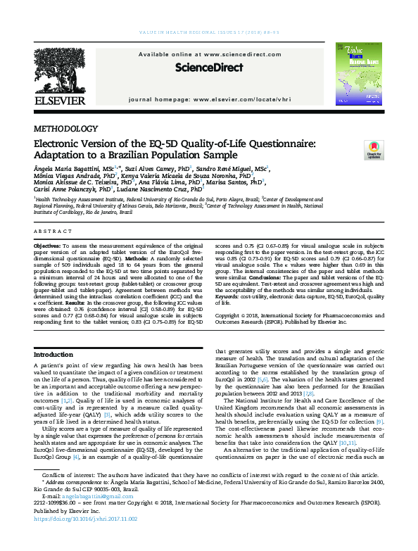 (PDF) Electronic Version of the EQ-5D Quality-of-Life Questionnaire: Adaptation to a Brazilian ...