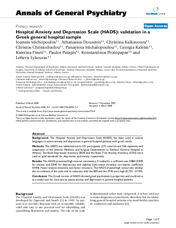 (PDF) Hospital Anxiety and Depression Scale (HADS): validation in a ...