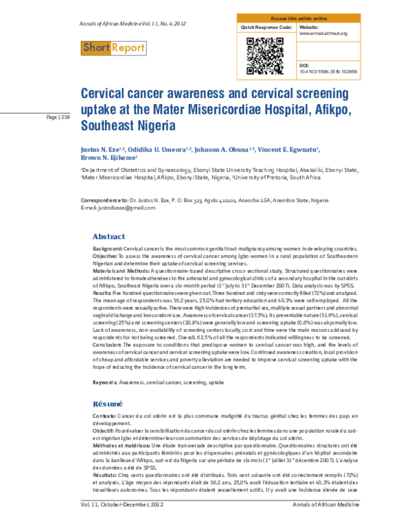 Pdf Cervical Cancer Awareness And Cervical Screening Uptake At The 0770