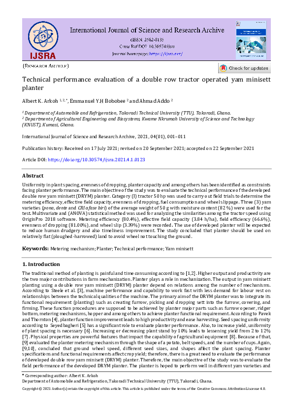 (PDF) Technical performance evaluation of a double row tractor operated ...
