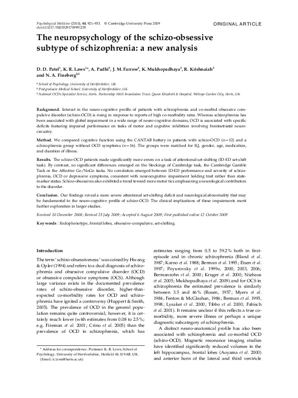 (PDF) The neuropsychology of the schizo-obsessive subtype of ...