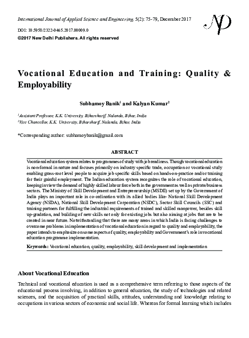 (PDF) Vocational Education and Training: Quality Employability