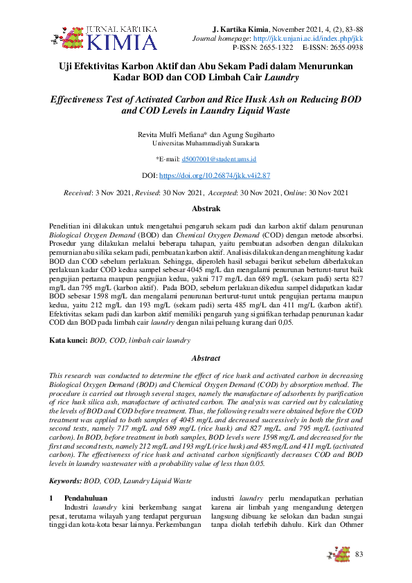 (PDF) Uji Efektivitas Karbon Aktif dan Abu Sekam Padi dalam Menurunkan Kadar BOD dan COD Limbah ...
