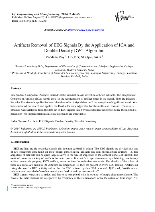 (PDF) Artifacts Removal of EEG Signals By the Application of ICA and Double Density DWT Algorithm